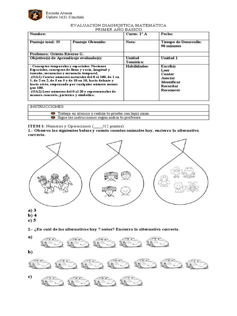 Prueba Diagnostico Matemática Primero Basico | PDF | Matemáticas