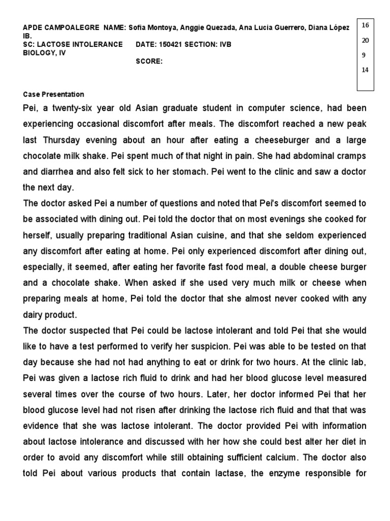 Study Case Lactose Intolerance Sofia Montoya | PDF | Digestion | Glucose