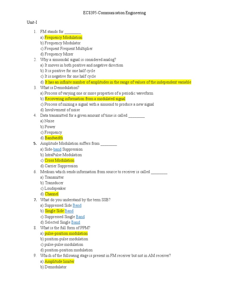 EC8395 MCQ UNIT-I | PDF | Frequency Modulation | Modulation