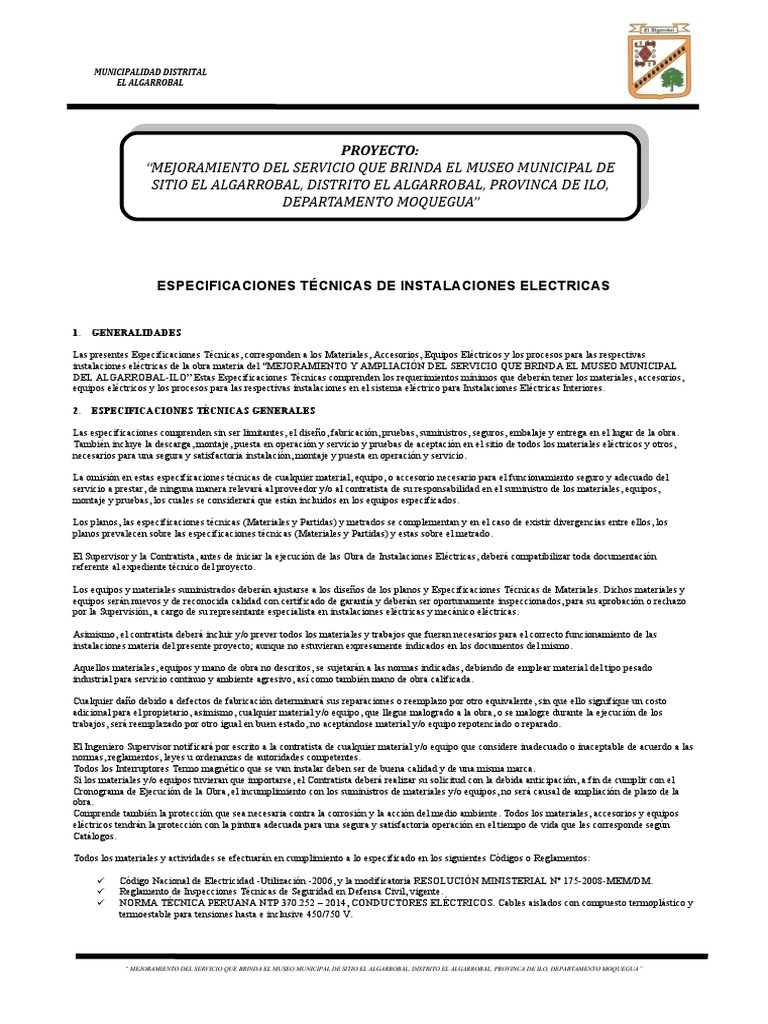 Especificaciones Tecnicas Electricas - CORREGIDAS | PDF | Presupuesto | Tubería (transporte de ...