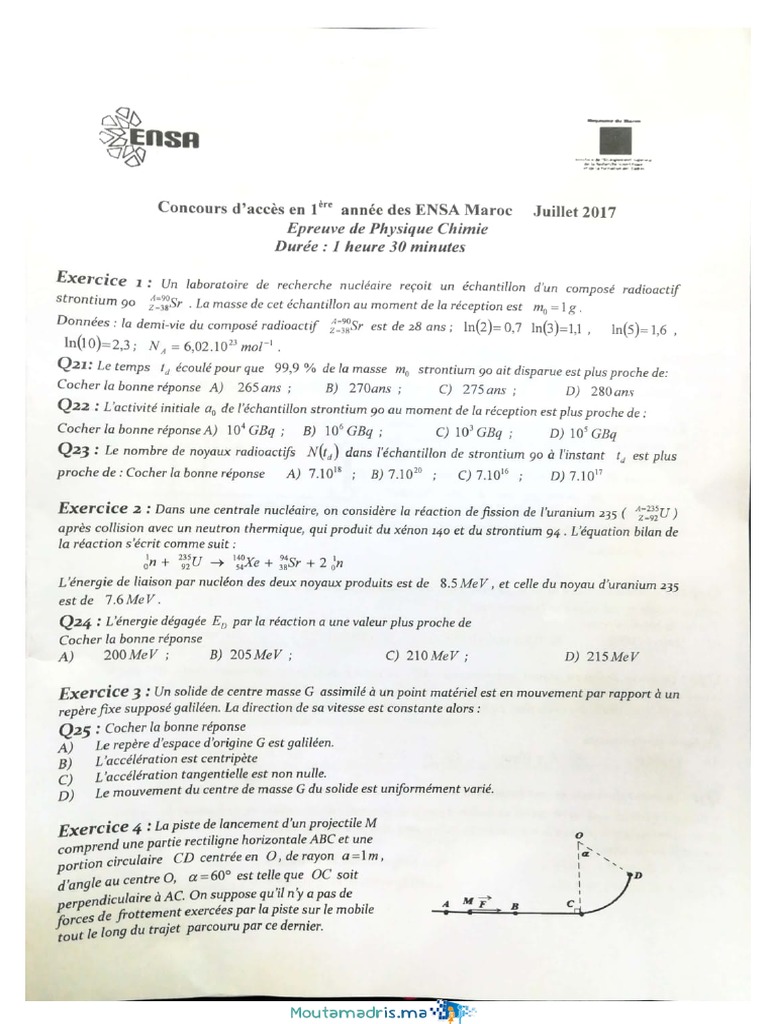Exemple Concours Ensa 2017 Physique Chemie | PDF