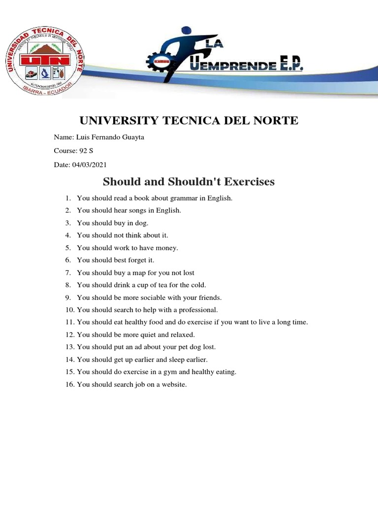 Should and Shouldn't Exercises Worksheet | PDF | Self-Improvement