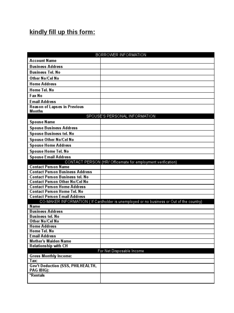 Kindly Fill Up This Form | Download Free PDF | Loans | Government