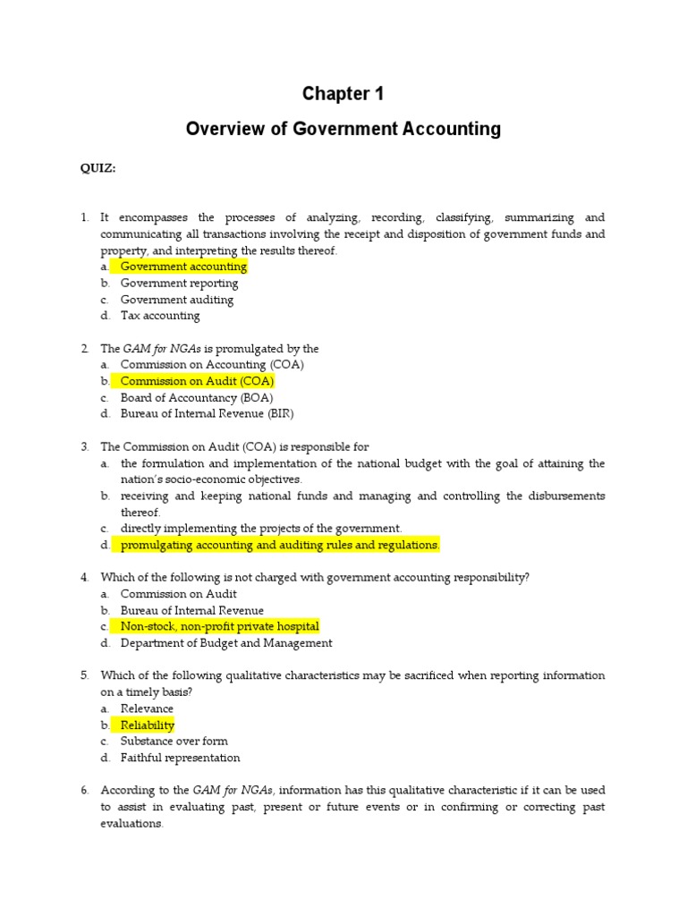Quiz - Chapter 1 - Overview of Government Accounting | PDF | Audit ...