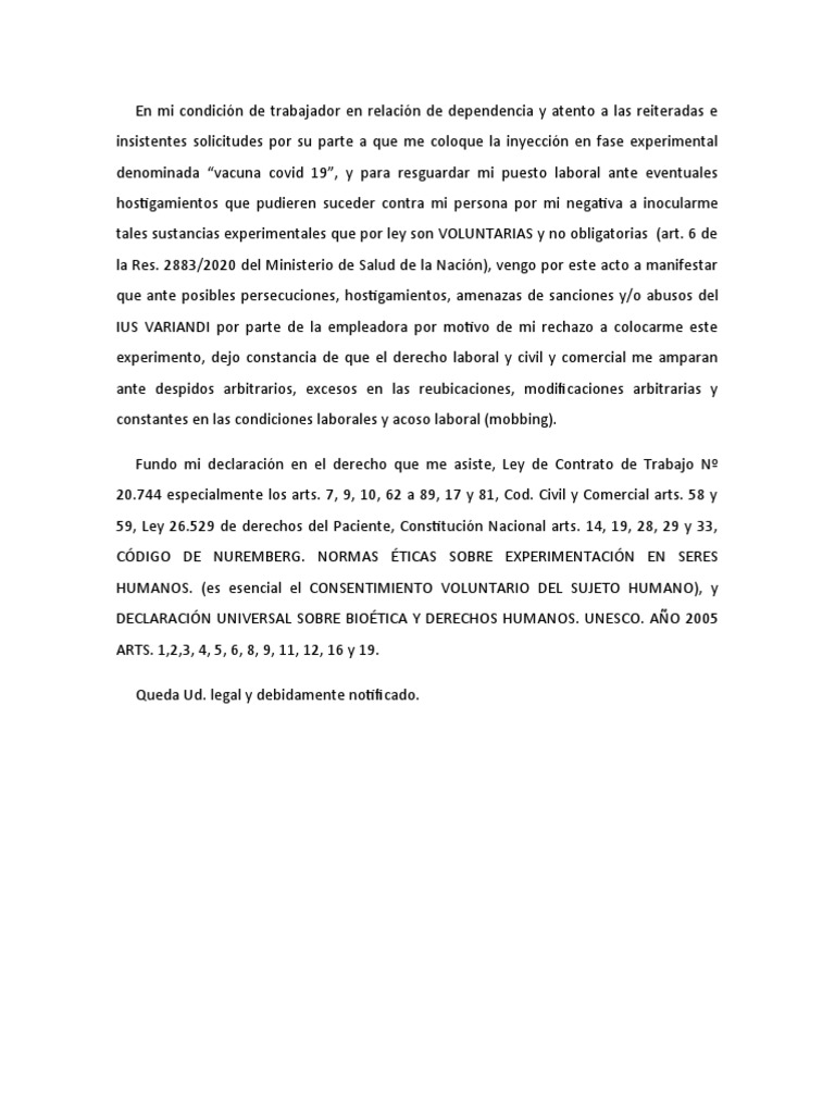 Modelo Telegrama Laboral Mobbing Vacuna Covid | PDF