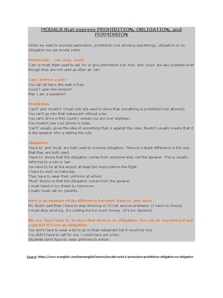 MODALS That Express PROHIBITION (English 9) | PDF