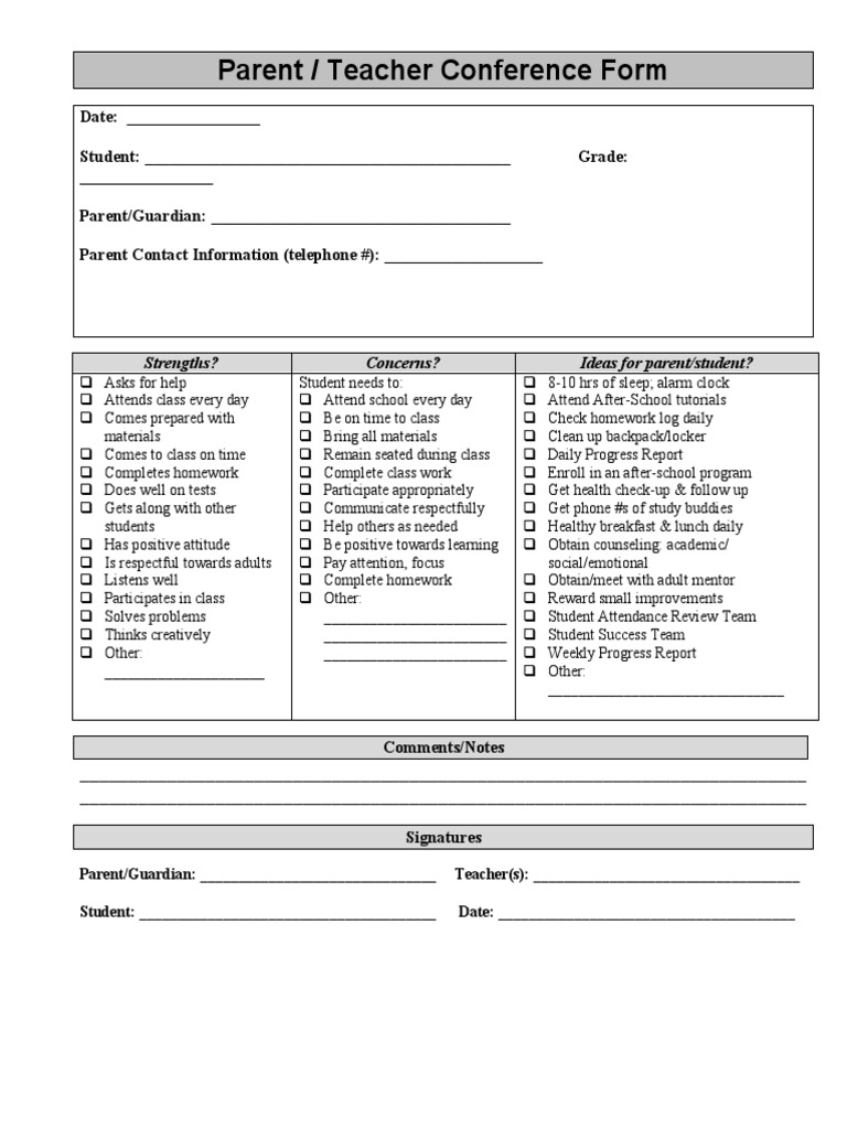 Parent / Teacher Conference Form: Strengths? Concerns? Ideas For Parent ...