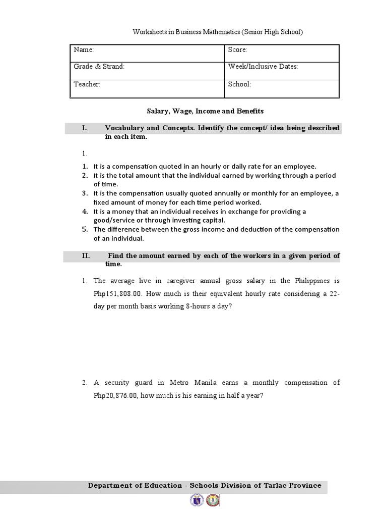 Business Mathematics Worksheet Week 3 | PDF | Salary | Income