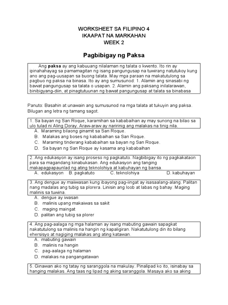 Worksheet Sa Filipino 4 Q4 Week 2 | PDF