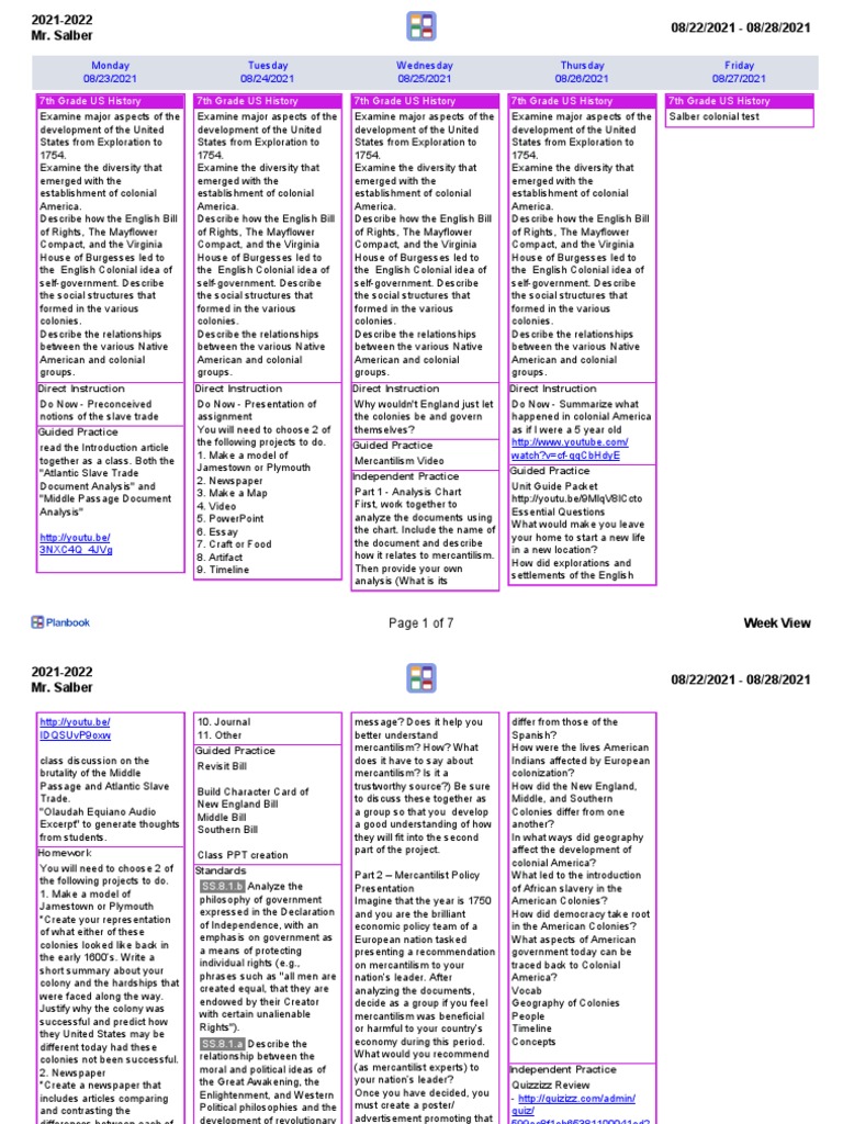 7th Grade US History Week | PDF | Mercantilism