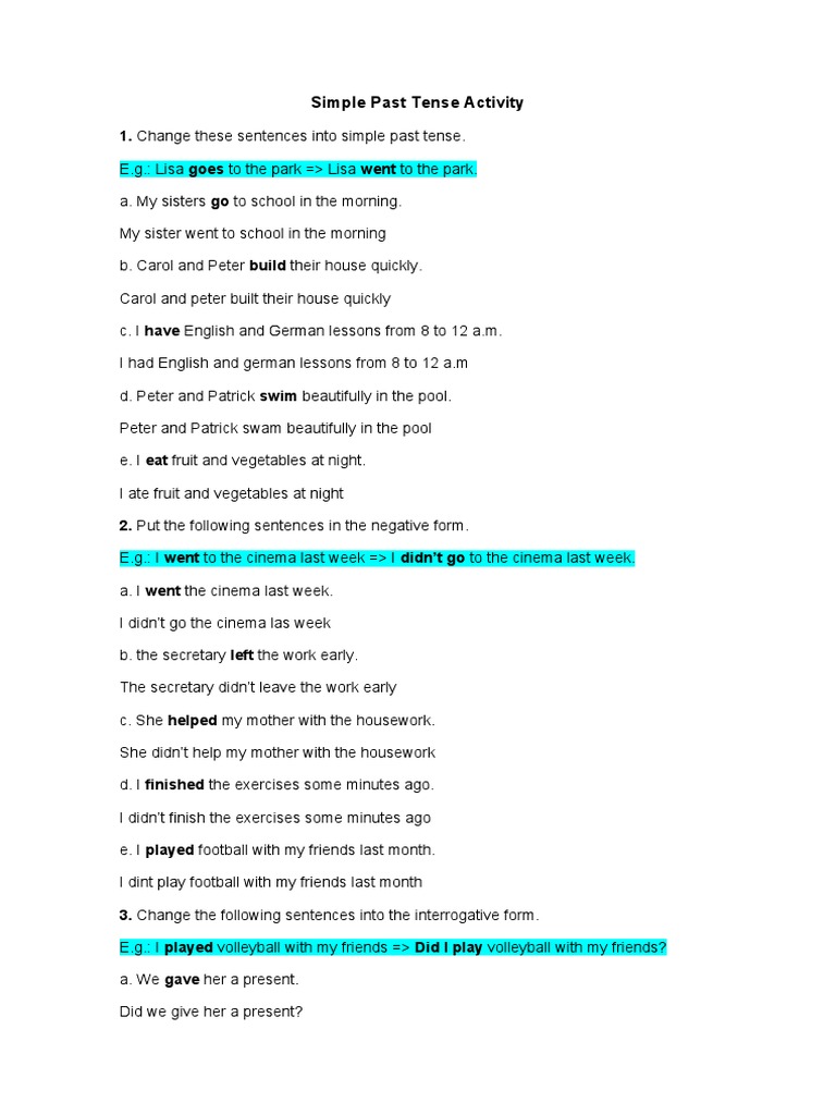 Change These Sentences Into Simple Past Tense | PDF