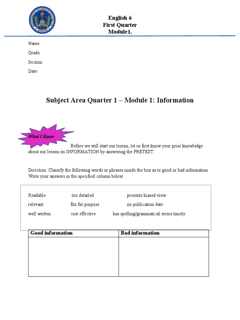 English Module 1 Quarter 1 | PDF | Information | English Language