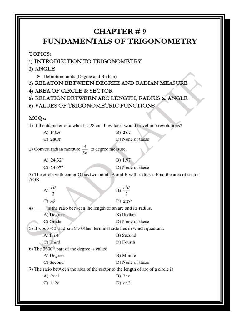 Chapter # 9 Fundamentals of Trigonometry | PDF | Trigonometry | Angle