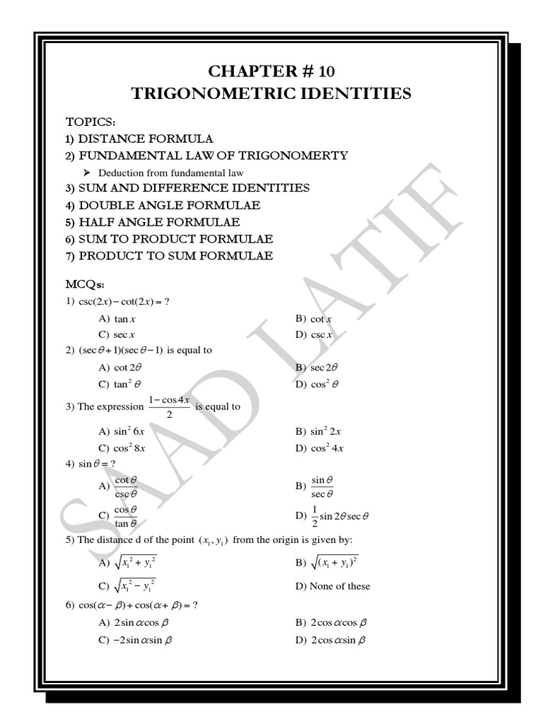 Chapter # 10 Trigonometric Identities | Download Free PDF ...