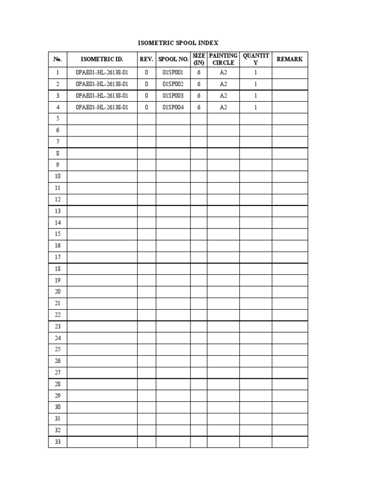 Isometric Spool Index: No. Isometric Id. Rev. Spool No. Size (IN ...