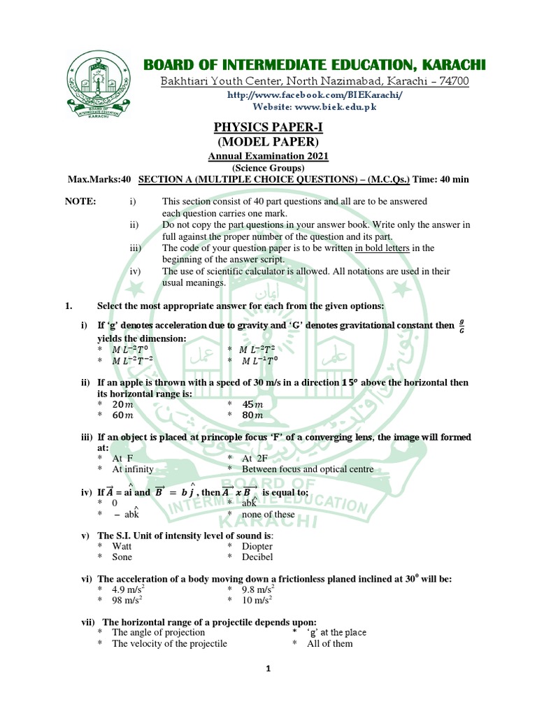 Physics XI 2021 Model Paper | PDF | Diffraction | Acceleration