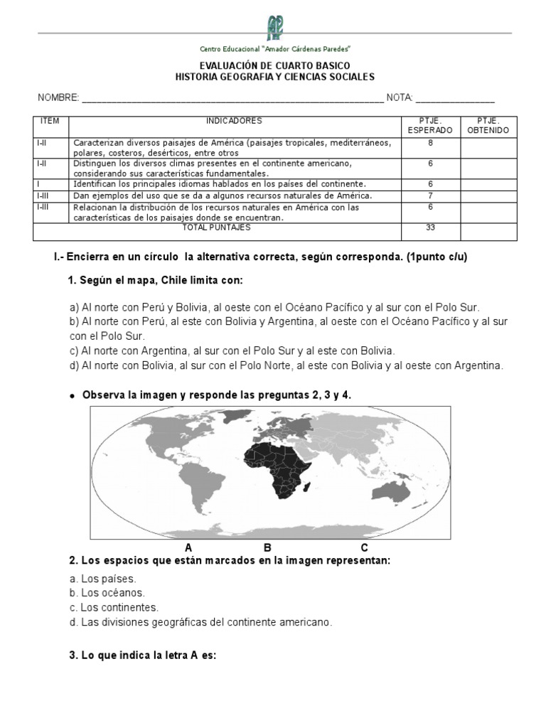 Evaluacion Cuarto Nuestro Continente America | PDF | Américas | océano ...