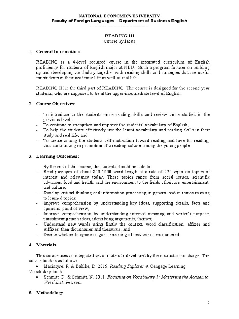 Reading III Syllabus - Reading Explorer 4 | PDF | Reading Comprehension ...