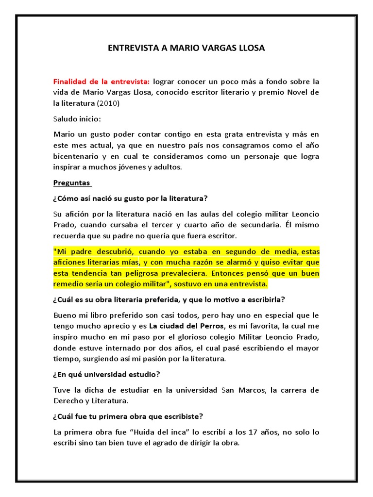 Entrevista A Mario Vargas Llosa | PDF