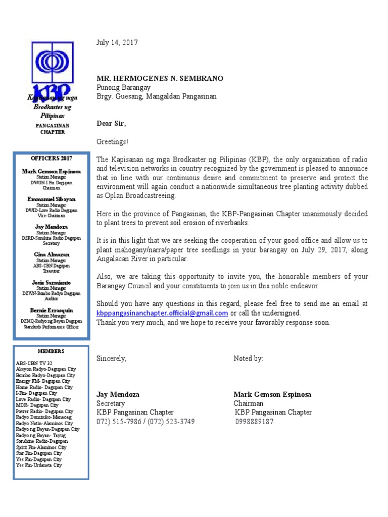 KBP Tree Planting Letter To BARANGAY GUESANG | PDF | Mass Media ...