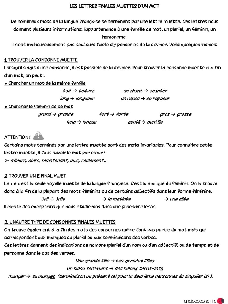 Lettre Finale Muette Activite | PDF | Genre grammatical | Nombre ...