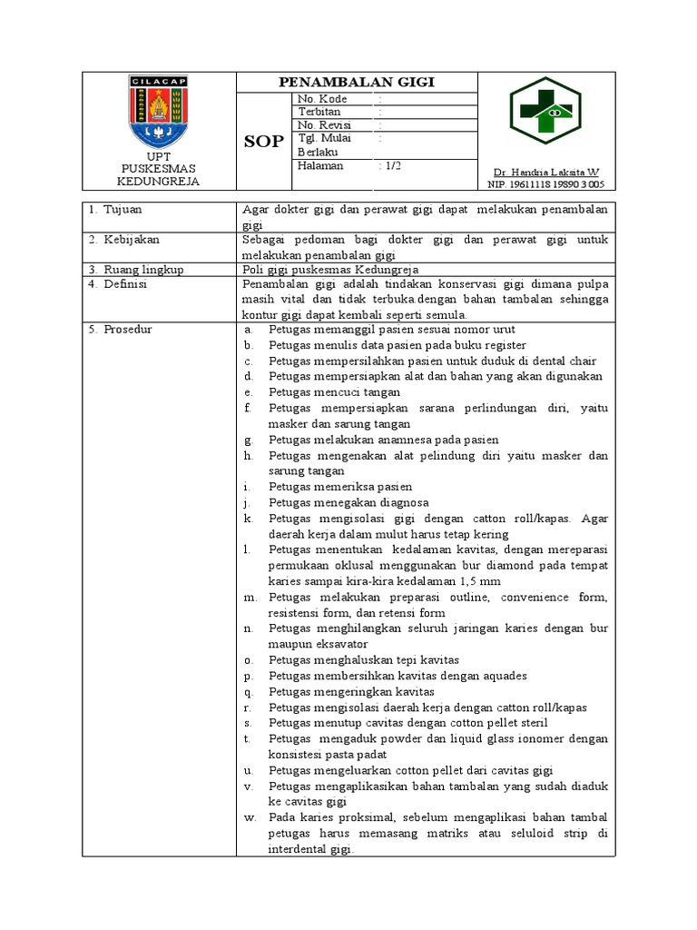 7.2.1.d SOP Penambalan Gigi Awal | PDF