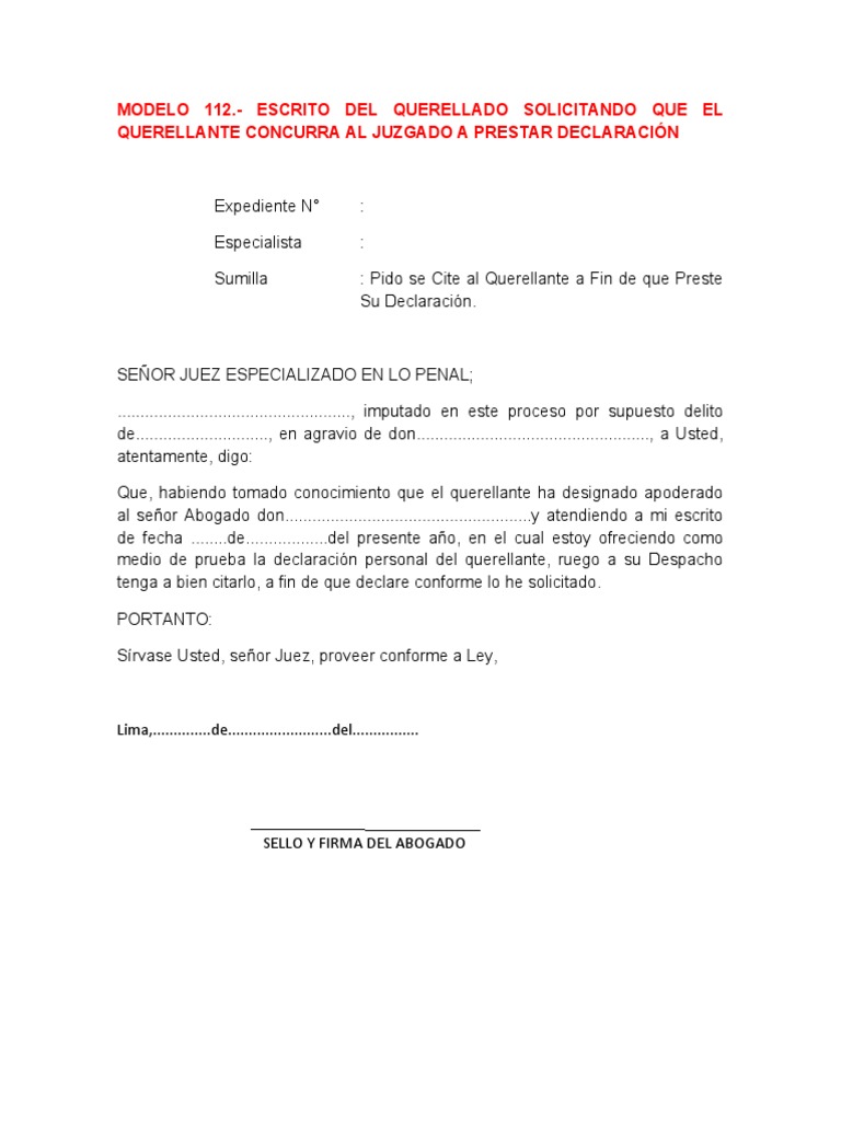 Modelo 112. - Escrito Del Querellado Solicitando Que El Querellante ...