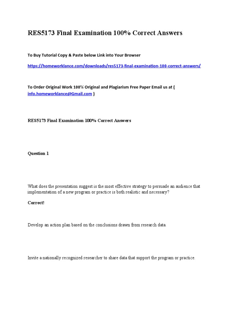RES5173 Exam Answers Guide | PDF | Multiple Choice | Test (Assessment)