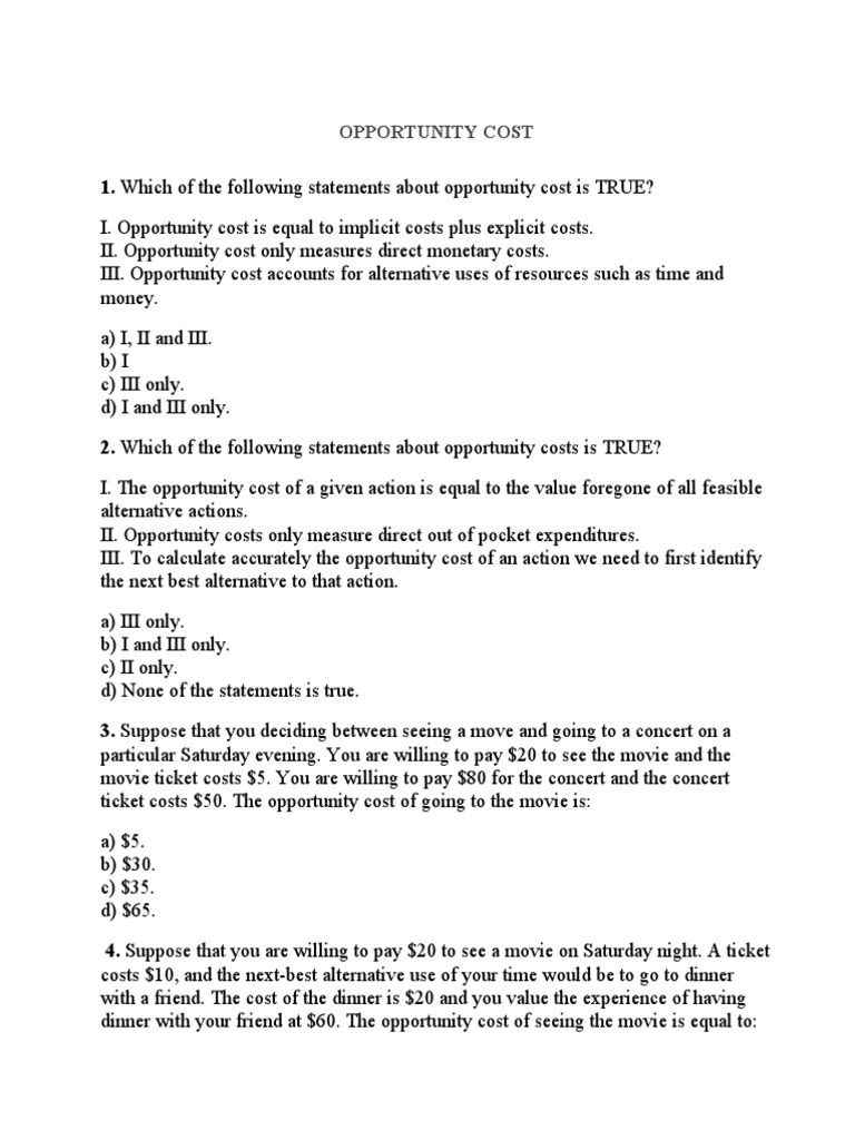 Multiple Choice - Opportunity Cost | PDF | Opportunity Cost | Cost