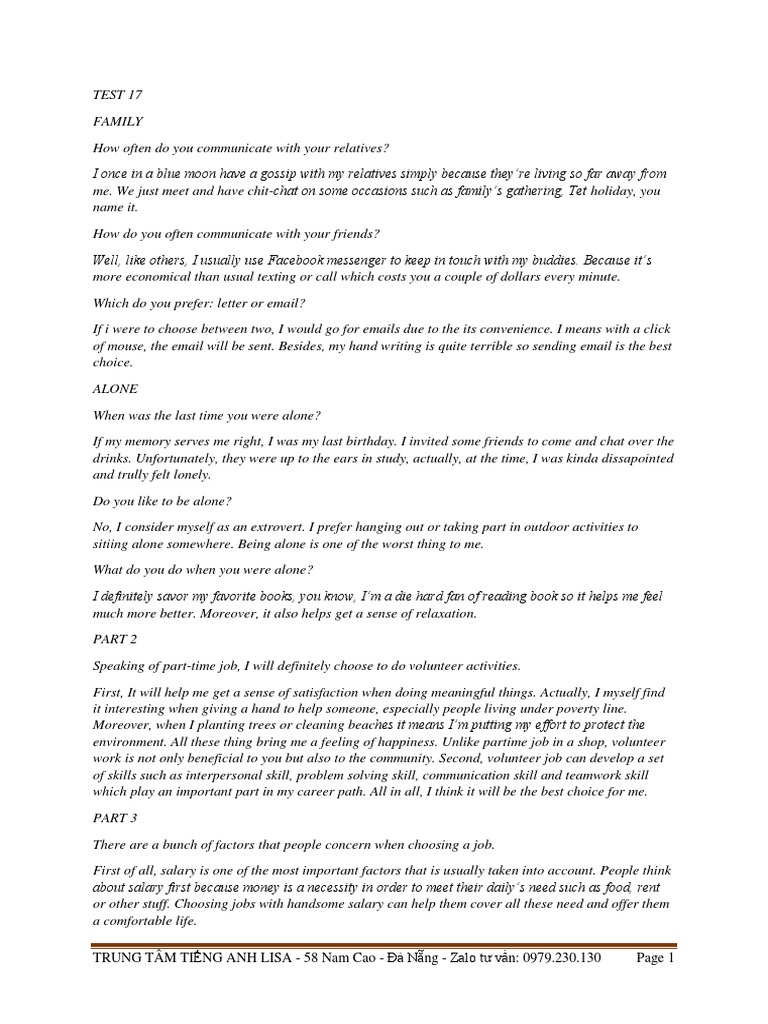 TEST 17 Speaking Models Vstep | PDF | Psychology | Communication