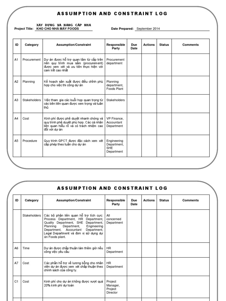 3.6 - Assumption and Constraint Log | PDF