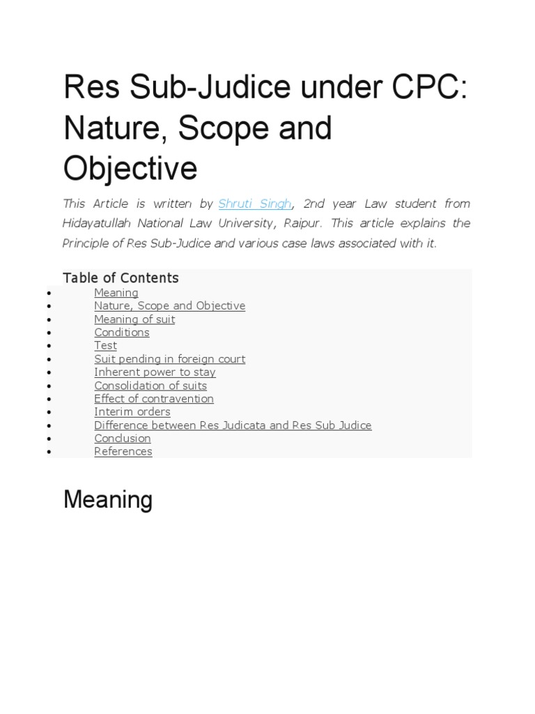 Res Sub-Judice Under CPC: Nature, Scope and Objective: Meaning | PDF ...