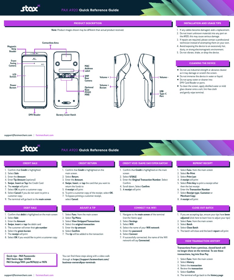 Stax-21 Quick Reference Guides - Digital - PAX A920 | PDF | Debit Card | Receipt