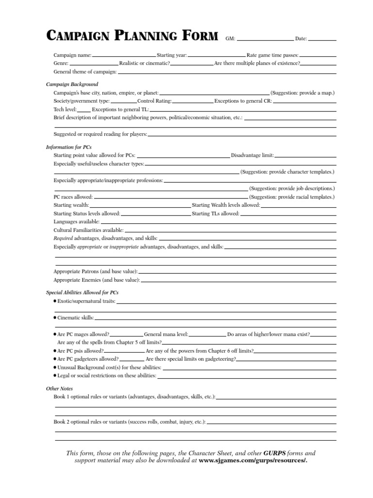 Plan your GURPS campaign with this form | PDF | Adventure Games ...