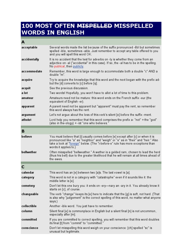 100 Most Often Mispelled Misspelled Words in English | PDF ...