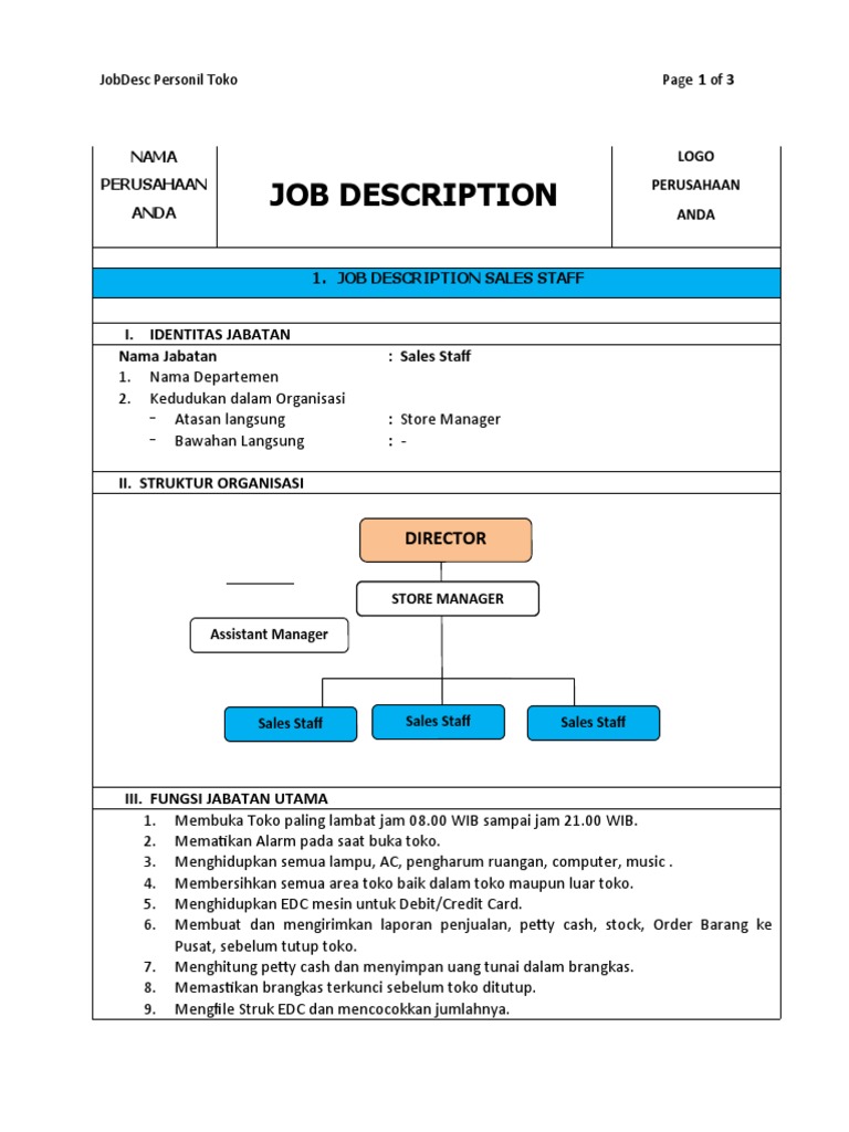 Contoh Jobdesc Sales Staff | PDF