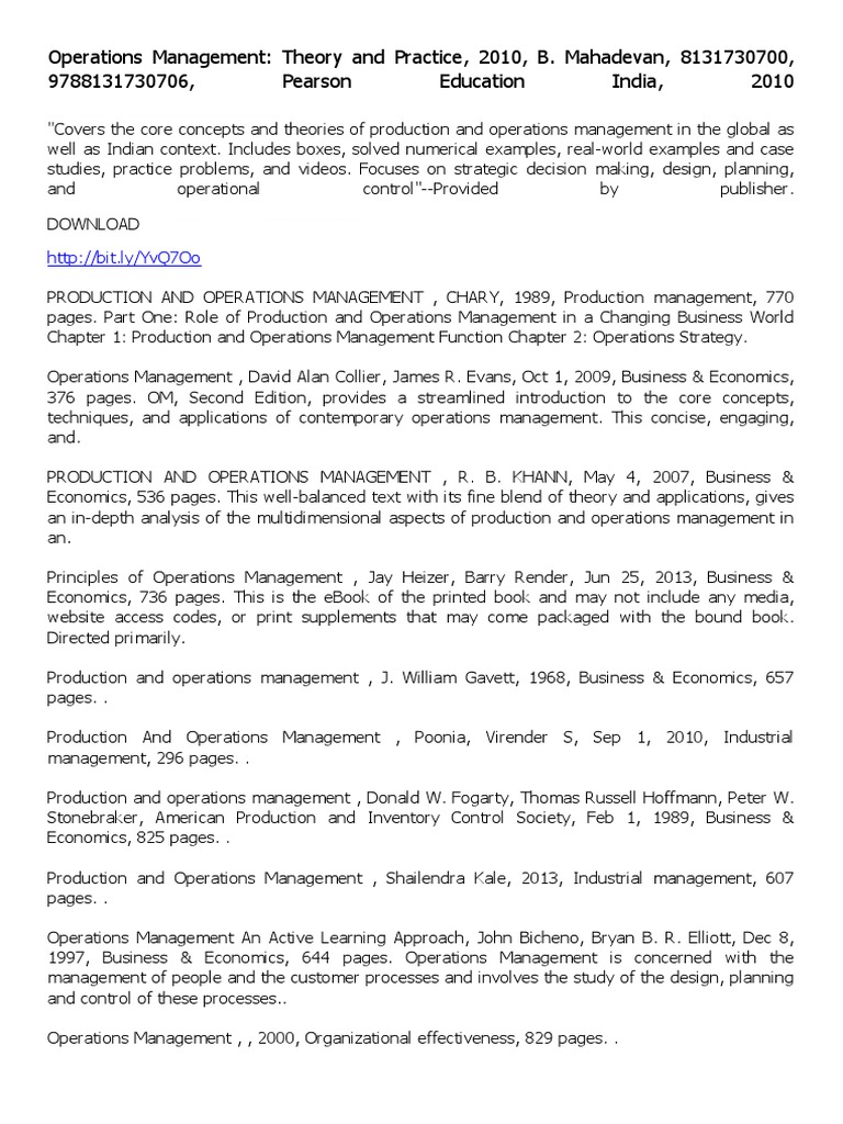 Operations Management Theory and Practice 2010 B Mahadevan Pearson ...
