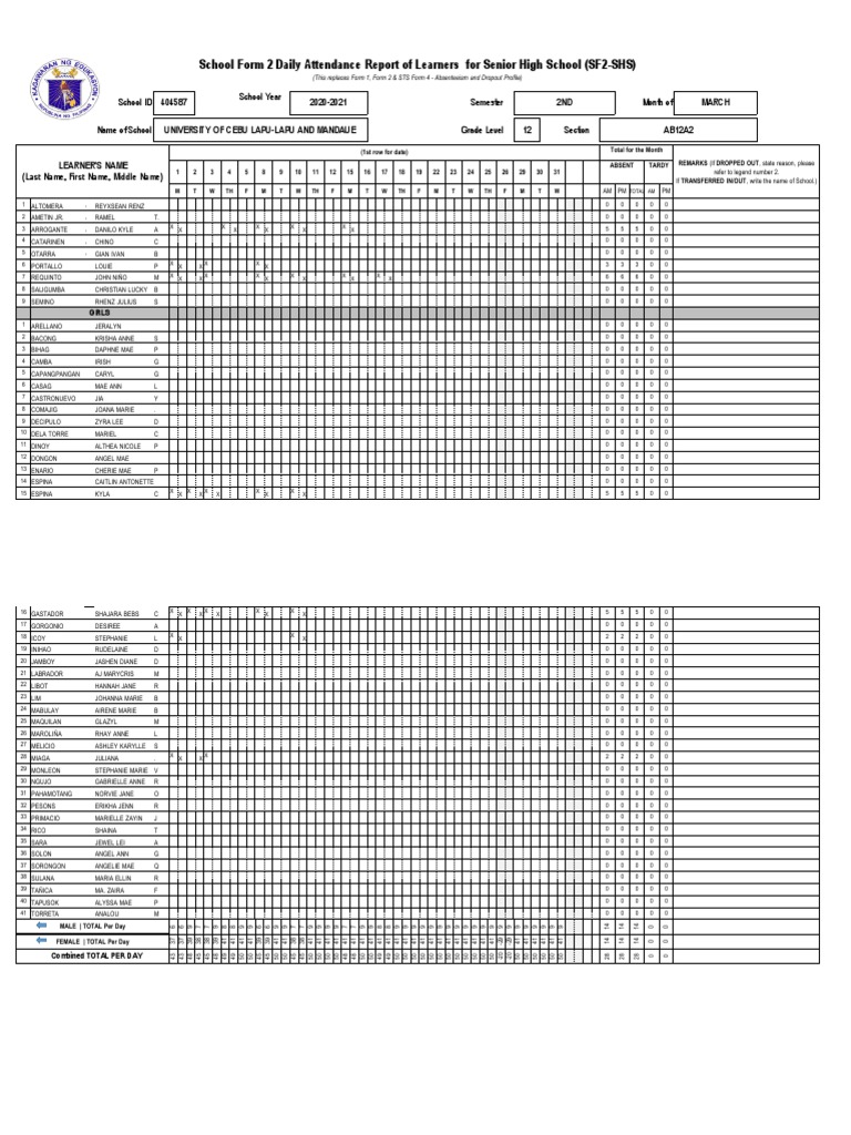 School Form 2 Daily Attendance Report of Learners For Senior High ...