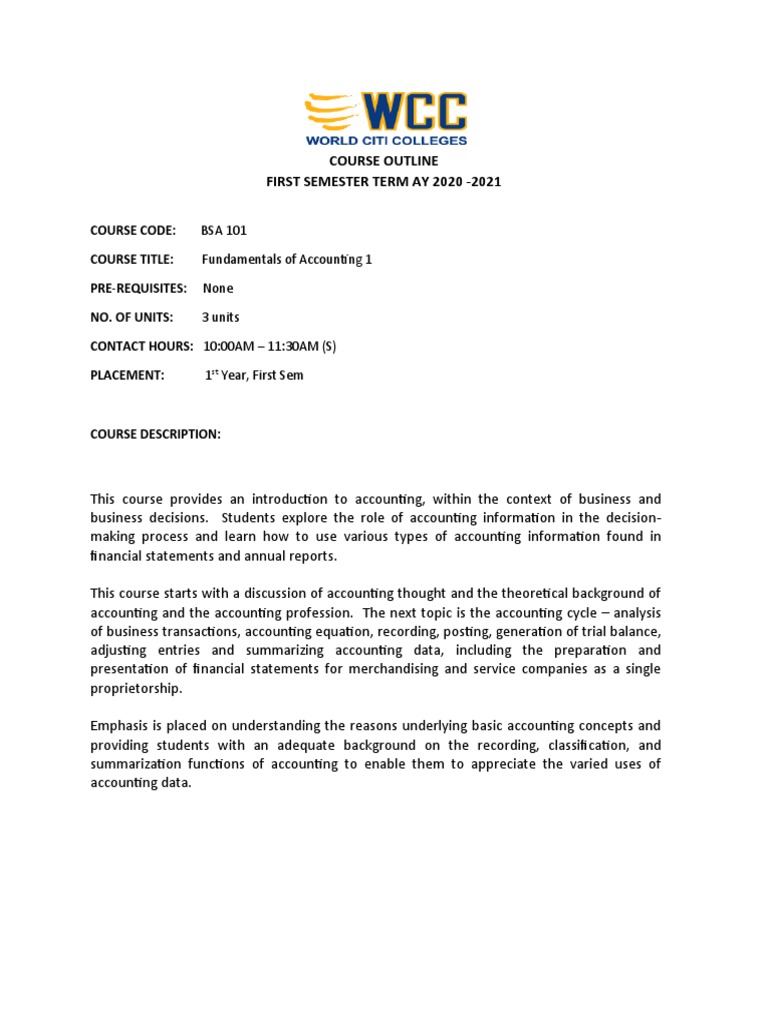 Course Outline - Bsa 101 - Fundamentals of Acctng 1 - RBM | PDF ...