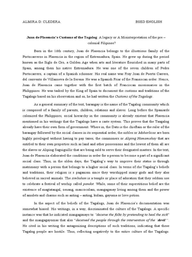 Customs of The Tagalogs (Critical Essay) | PDF | Social Science | History