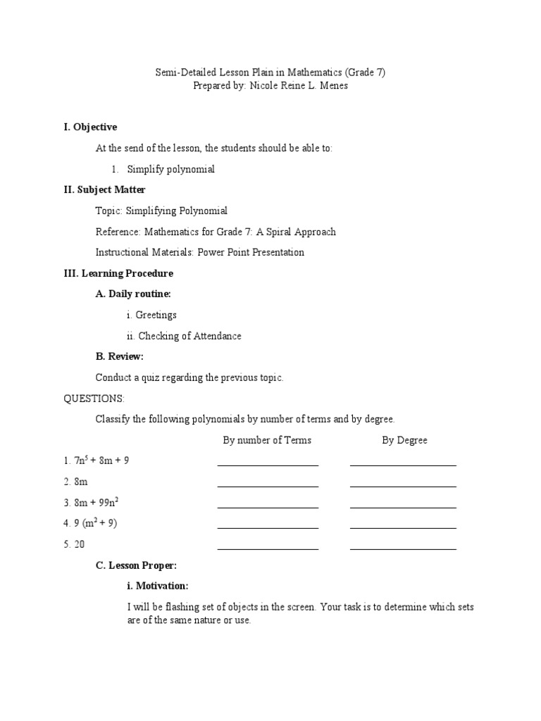 Semi-Lesson Plan | PDF | Polynomial | Education Theory
