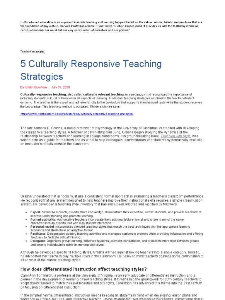 5 Culturally Responsive Teaching Strategies | PDF | Differentiated ...
