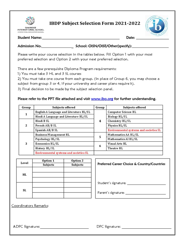 IBDP Subject Selection Form - 2021-22 | PDF