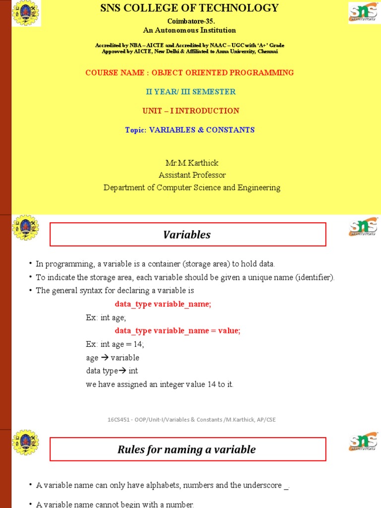 Variables and Constants in OOP | PDF | Variable (Computer Science ...