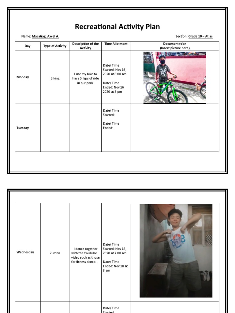 Weekly Recreational Activity Plan | PDF | Motorsport Competitions