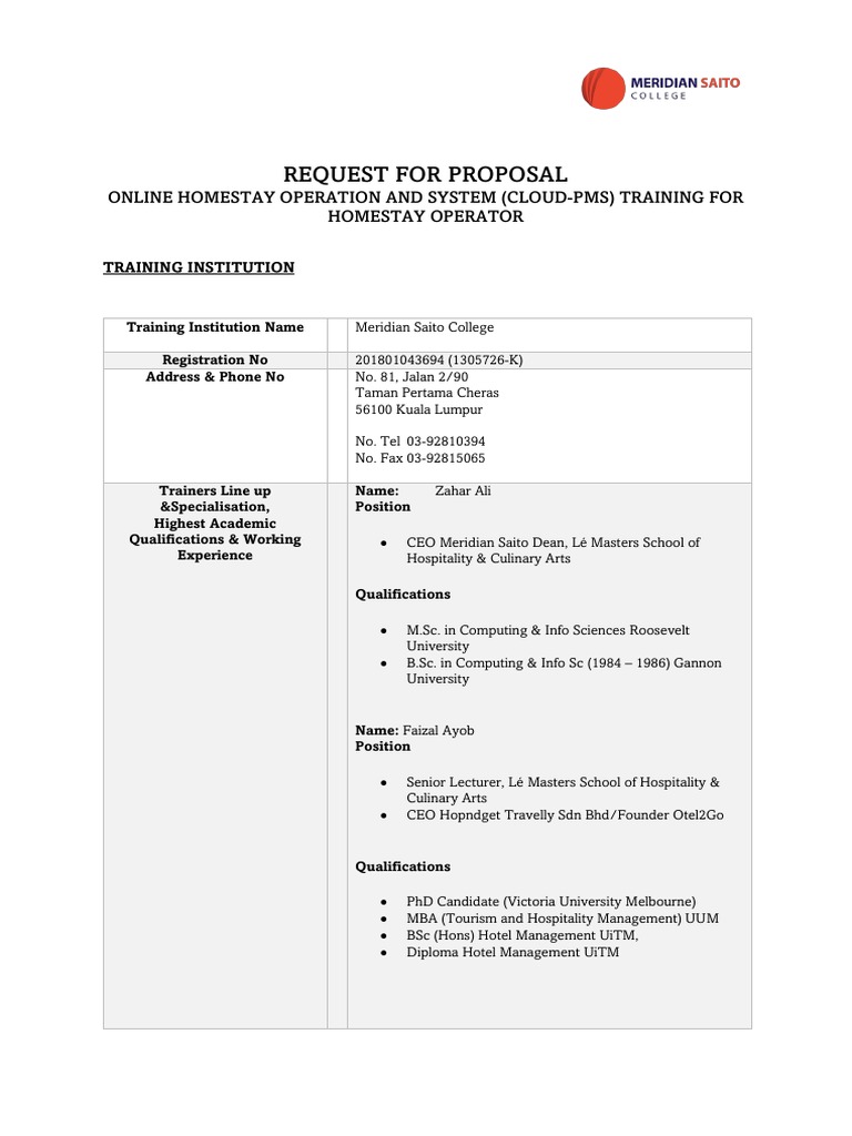 Request For Proposal: Online Homestay Operation and System (Cloud-Pms ...