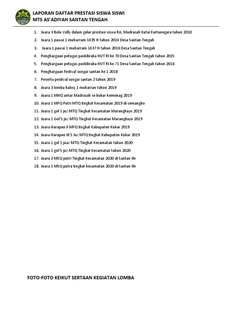 Laporan Daftar Prestasi Siswa Siswi Mts As'Adiyah Santan Tengah | PDF