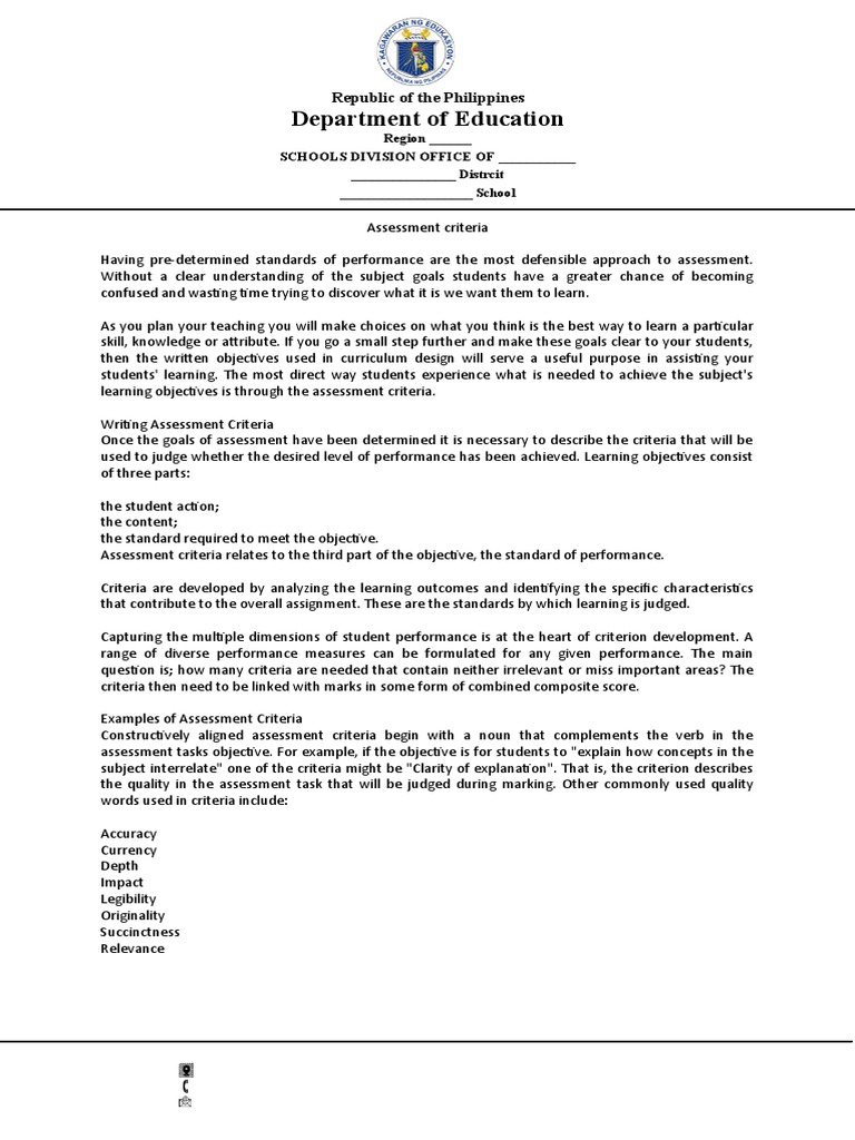 Guidelines for Developing Clear and Comprehensive Assessment Criteria ...
