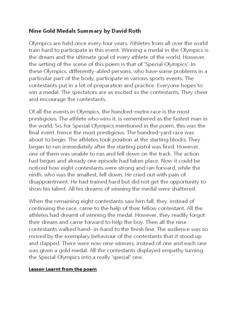 Nine Gold Medals Summary by David Roth | PDF | Empathy | Olympic Games
