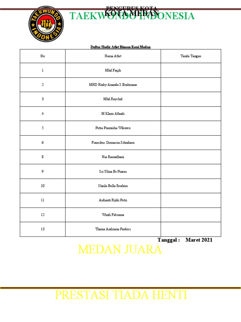 Daftar Hadir Atlet Binaan Koni Medan | PDF
